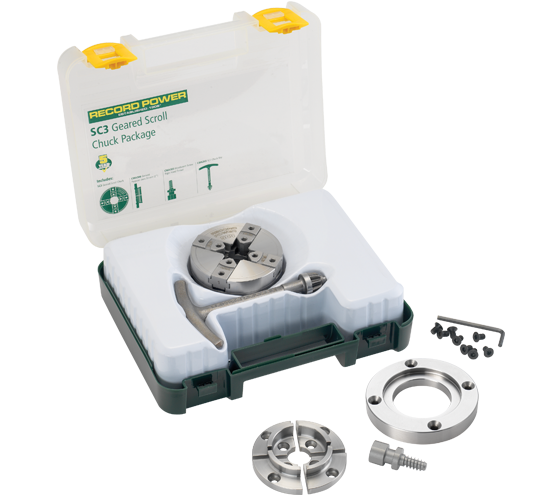 Record Power SC3 Geared Scroll Chuck package with 3" Faceplate M33 x 3